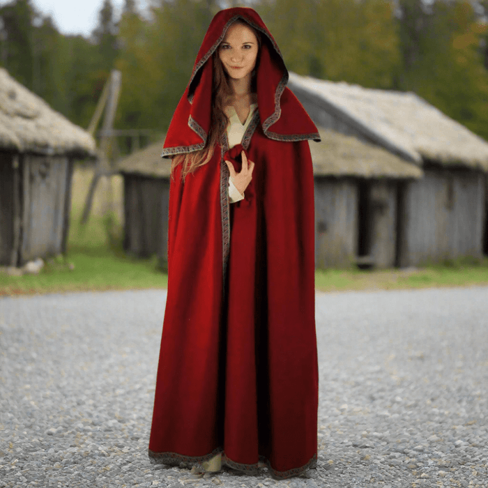 Viking Wool Cloak with Long Hood | Hand-Stitched Embroidery