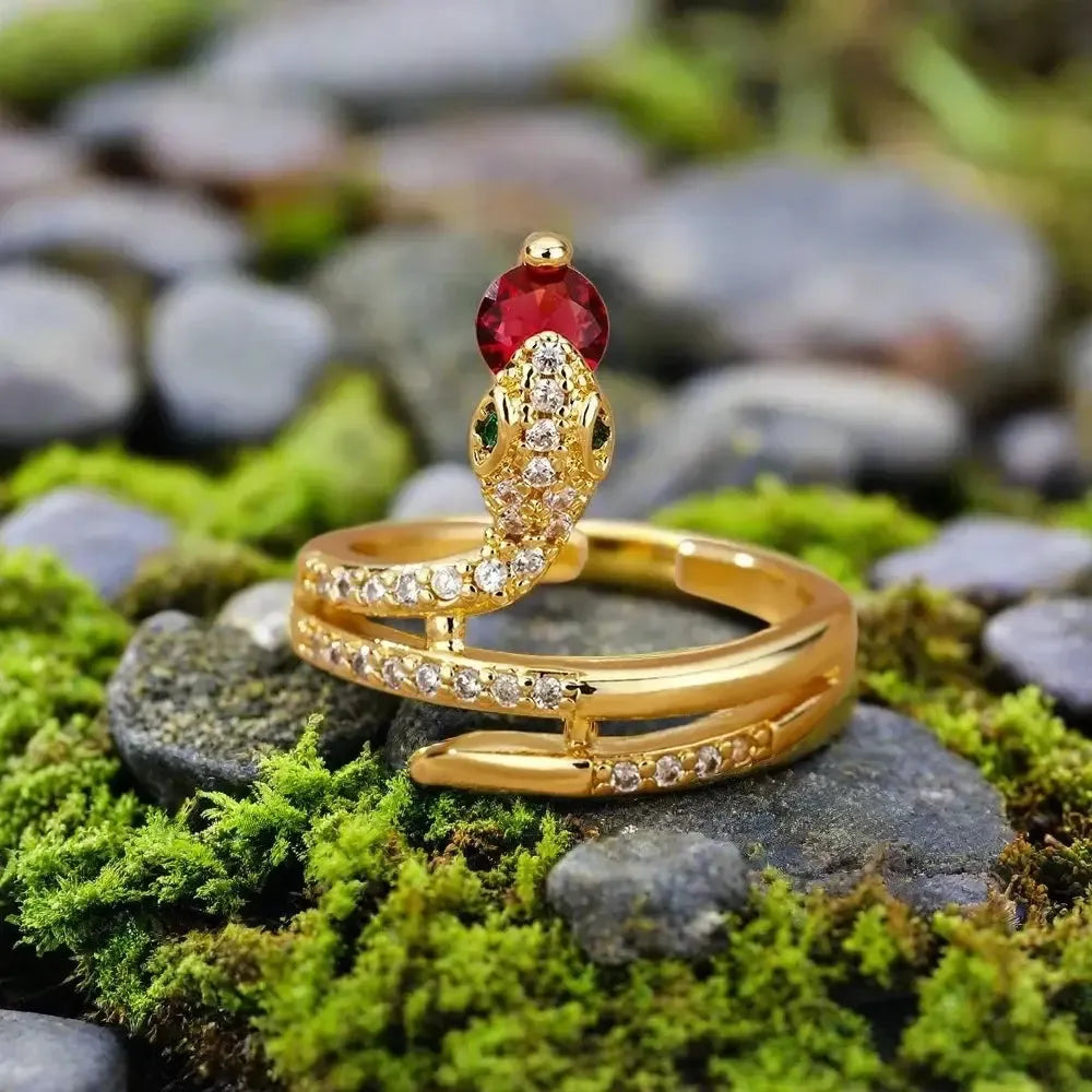 Viking Snake Ring with Serpent Beholding Colored Gemstone and Inlay Zi