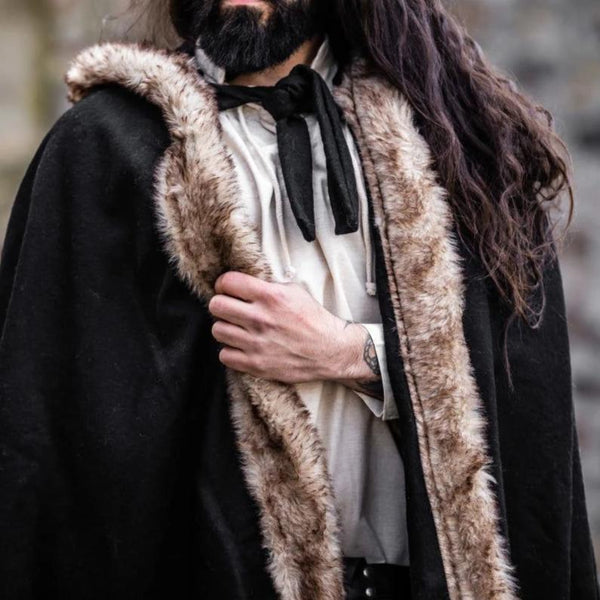 Authentic Black Renaissance Wool Cloak | Luxurious Faux Fur Trim