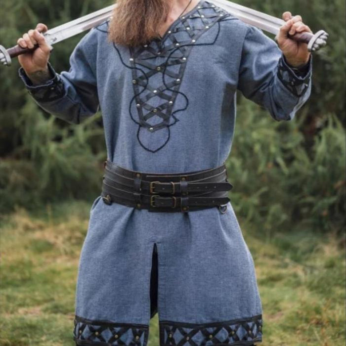 Blue-Grey Long-Sleeve Renaissance Tunic | Genuine Leather Accents