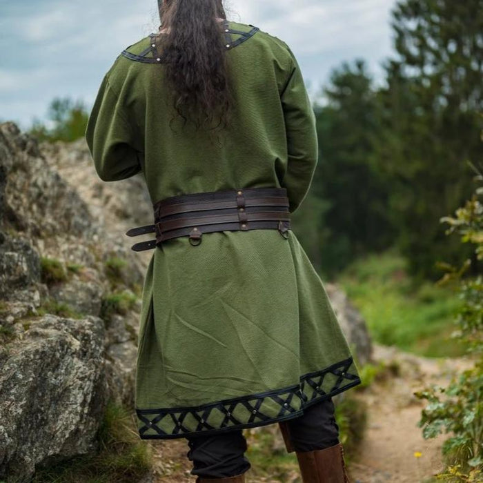 Green Long-Sleeve Renaissance Tunic | Genuine Leather Accents